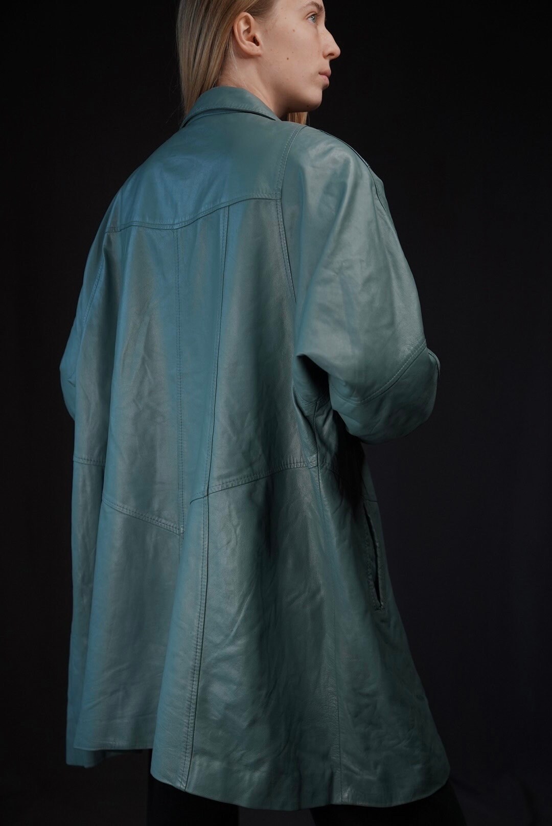 Vintage Bell-shaped Leather Coat in Turquoise Blue - Etsy