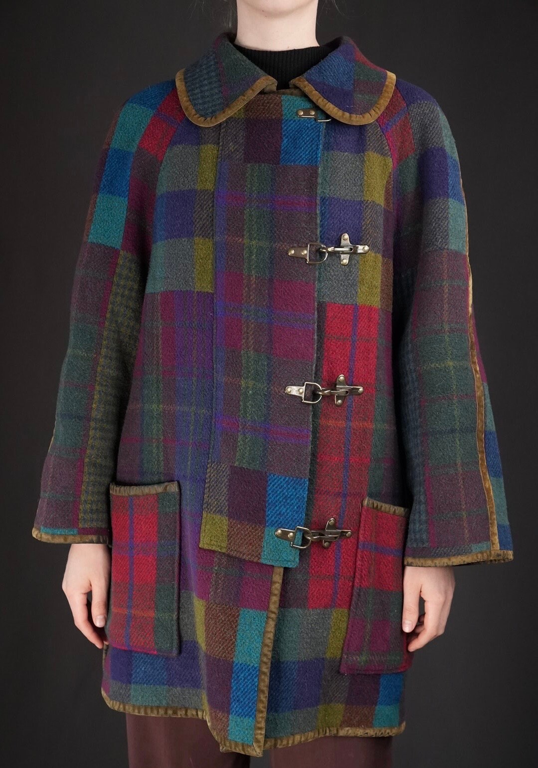 Colorful Plaid Wool Coat Vintage Duffle Coat 1980s With Metal Fasteners ...