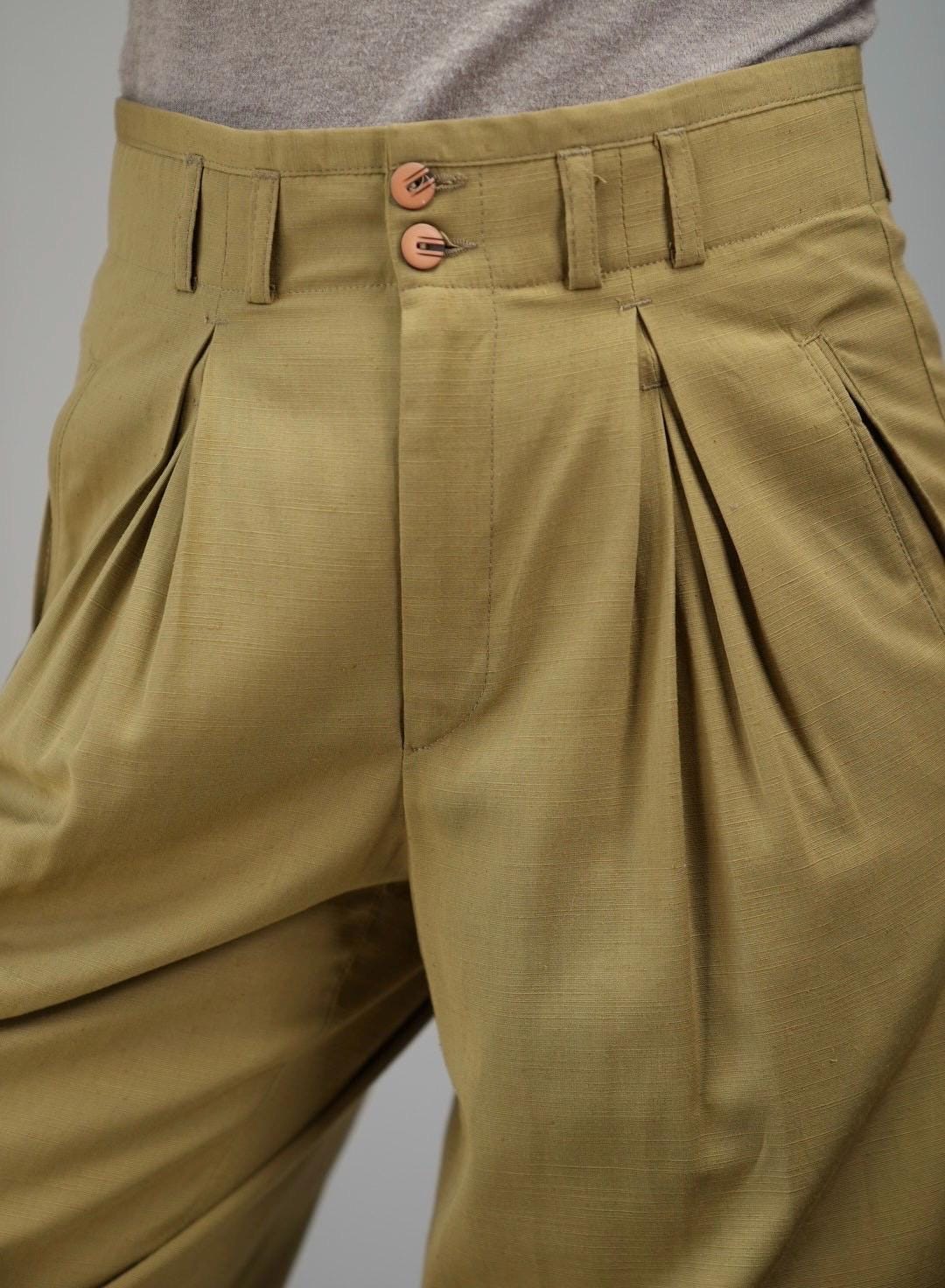 Pleated 80s Trousers in Ochre-olive Tone | Tailored Fit From Light ...