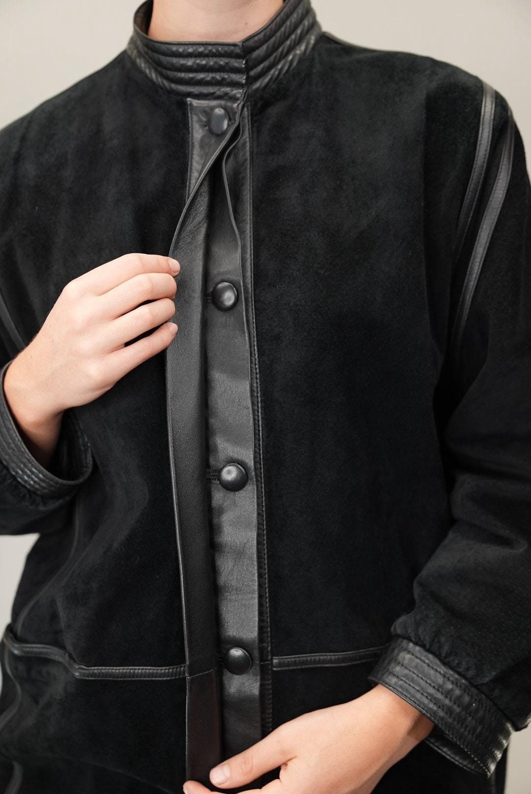 Velvety Black Vintage Suede Leather Coat by Phillipe Vallereuil, Made ...