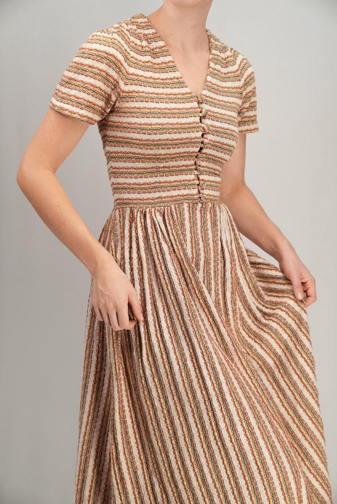 70s Fit-and-flare Dress From Knitted Fabric With Stripes | Vintage Wool ...