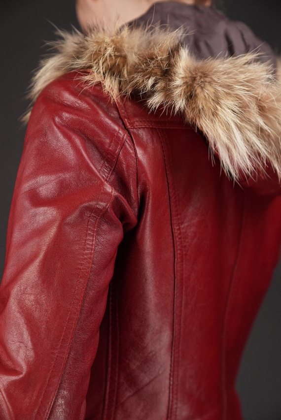 Cherry Red Cropped Leather Jacket with Hood and Fur T… - Gem