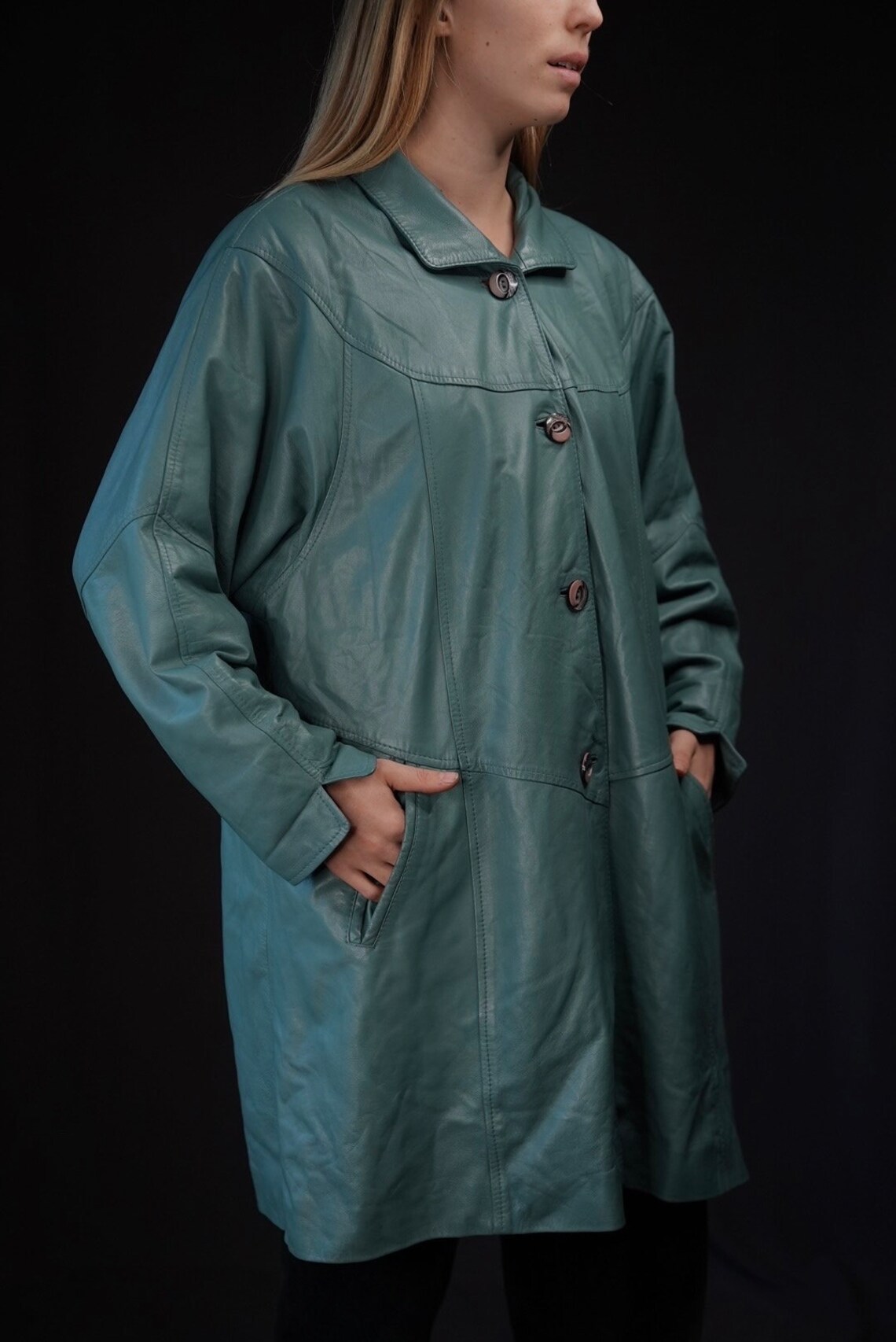 Vintage Bell-shaped Leather Coat in Turquoise Blue - Etsy