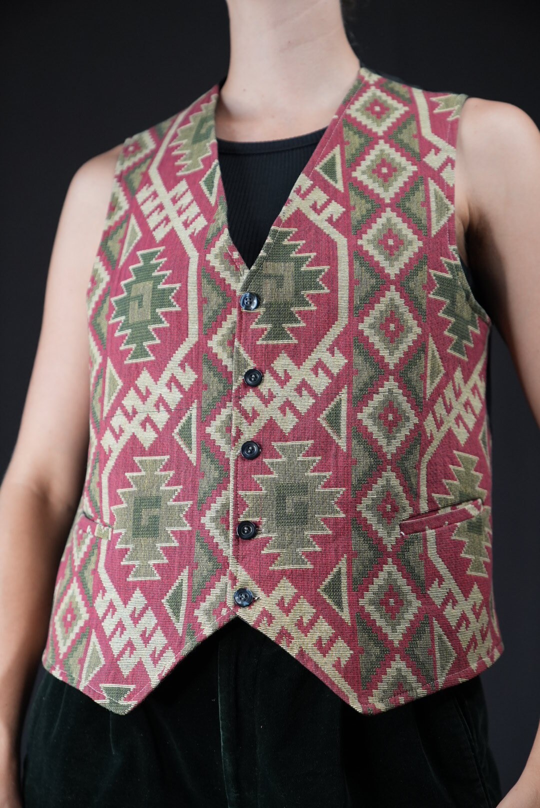 Vintage Waistcoat With Aztec Pattern Red Green - Etsy