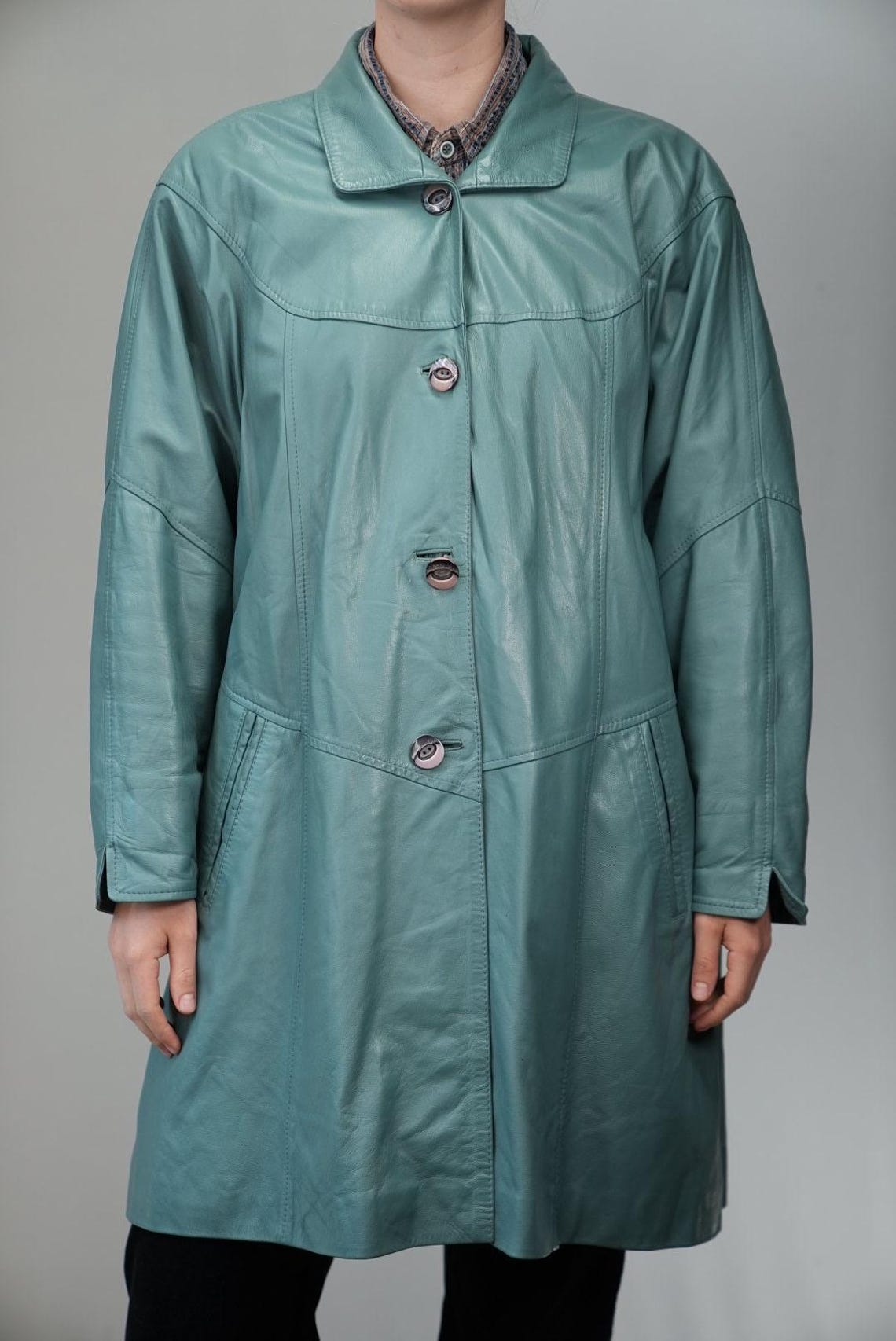 Vintage Bell-shaped Leather Coat in Turquoise Blue | Women's Vintage ...