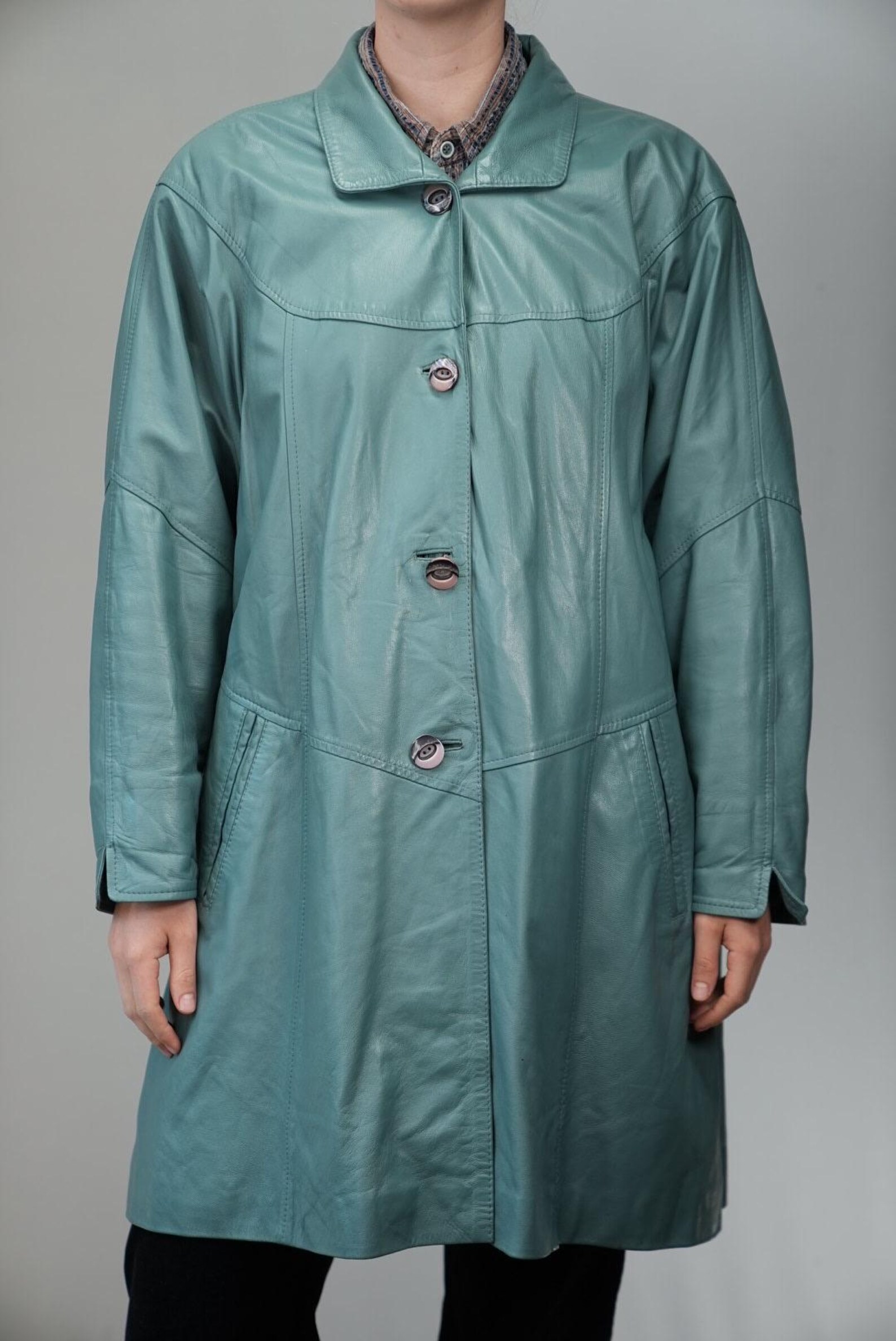 Vintage Bell-shaped Leather Coat in Turquoise Blue | Women's Vintage ...