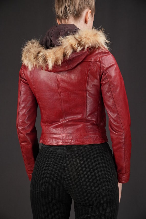 Cherry Red Cropped Leather Jacket with Hood and Fur T… - Gem