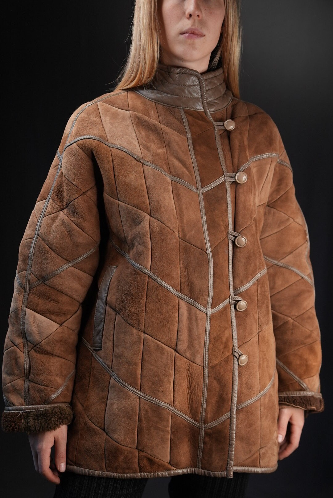 Vintage Patchwork Shearling Coat Sheep Leather Coat Women's Made in ...