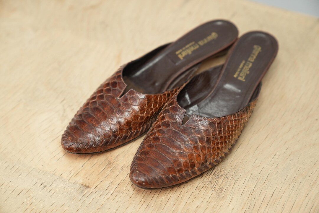 Vintage 90s Real Snakeskin Mules – Italian Leather Pointed Toe Flats ...