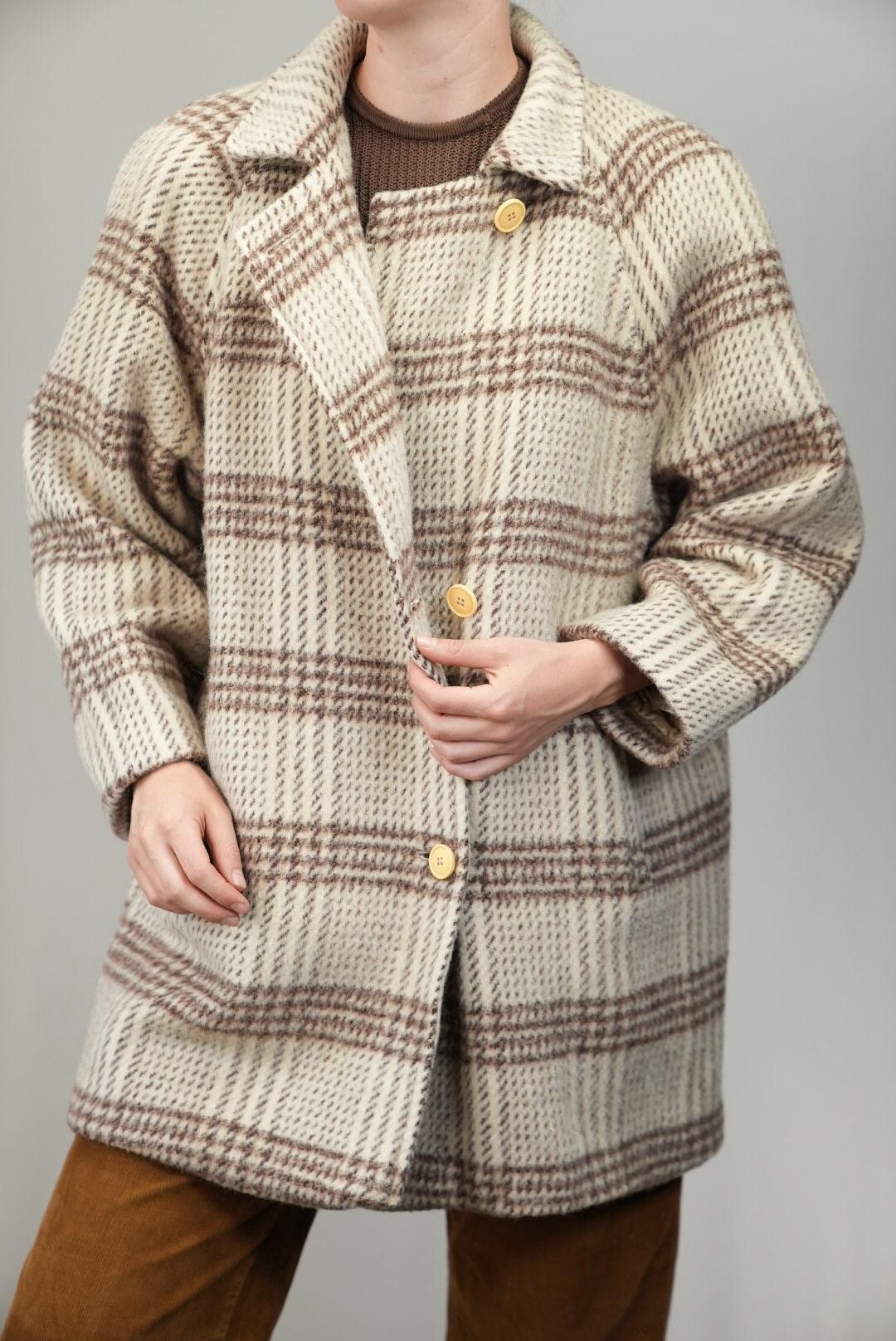 Vintage Checkered Wool Coat in White and Brown | 10% Mohair | 1970s - Etsy