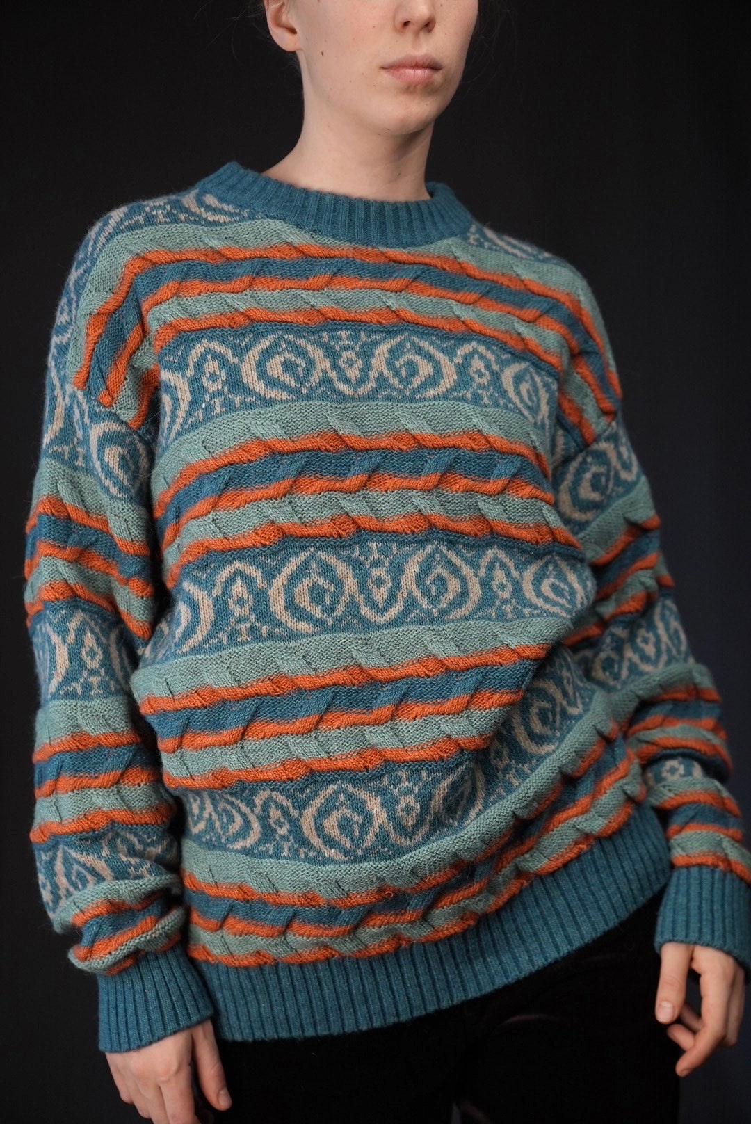 Knitted Sweater With Pattern in Orange and Blue 10% Alpaca Made in ...