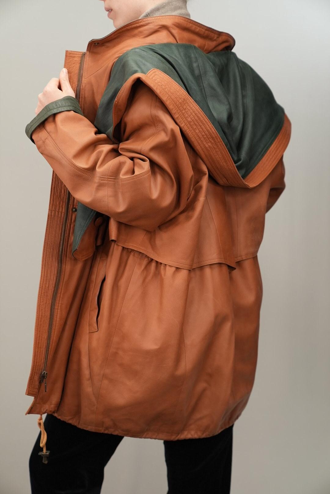 Cognac & Teal 80s Leather Parka-coat With Removable Hood | Size XL ...