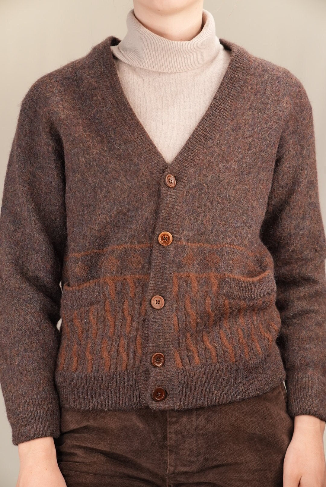 Italian Vintage Wool Cardigan With Knitted Pattern in Soft Brown ...