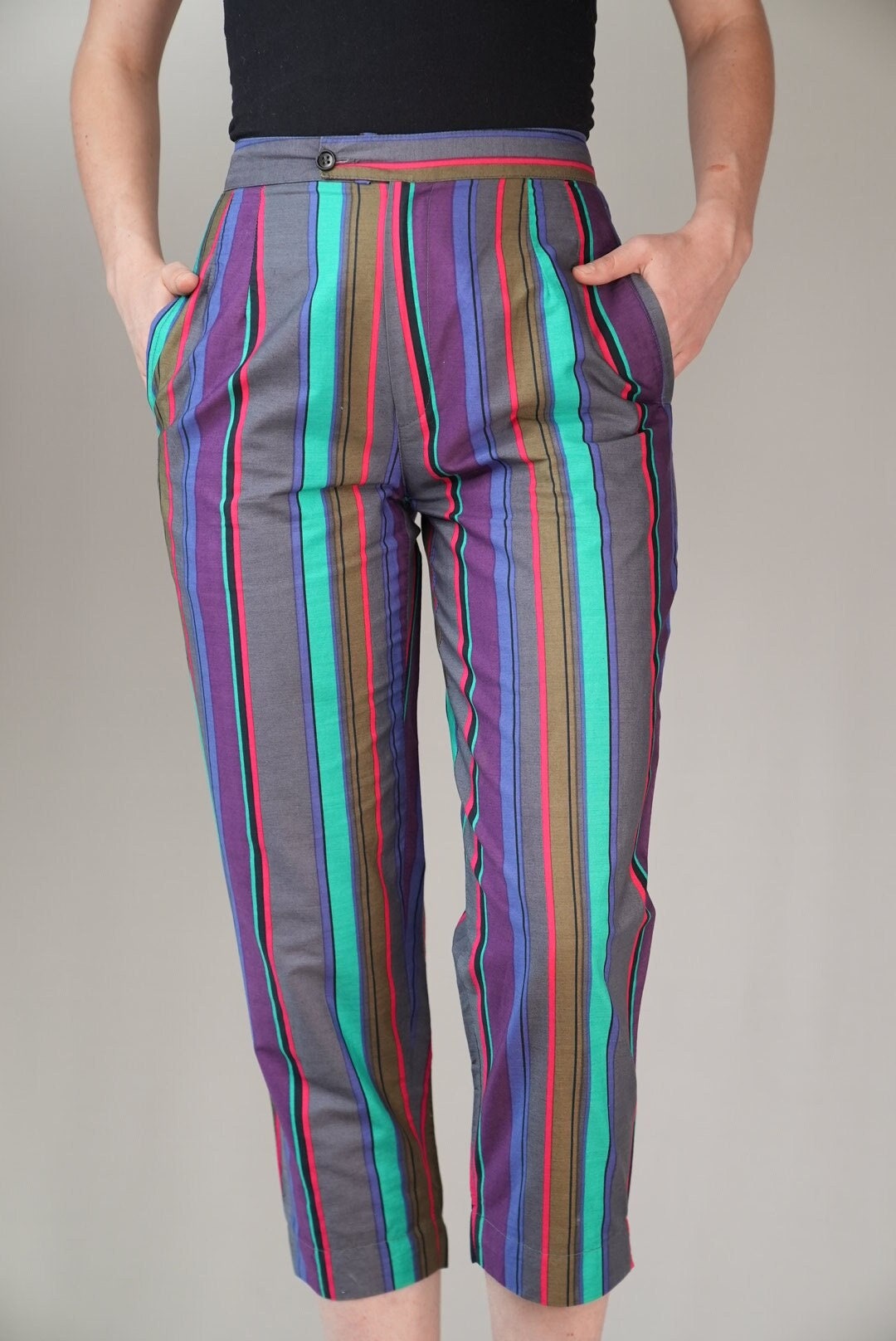 Colorful Striped Vintage Capri Pants | Women's Size M | Pure Cotton ...