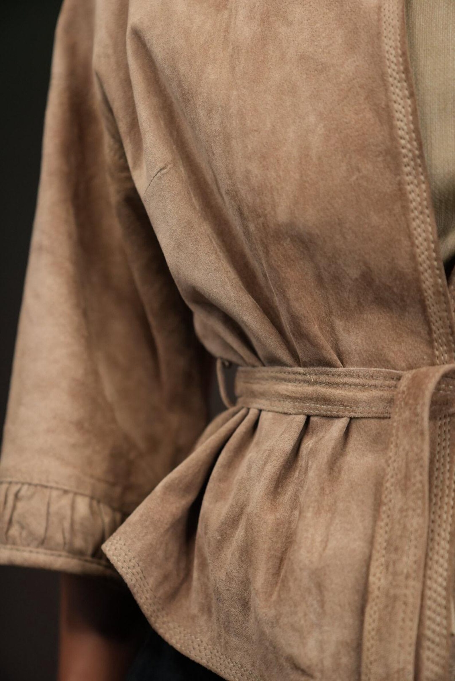 Flowy Suede Leather Jacket With Waistband and Ruffled Details | Size M ...