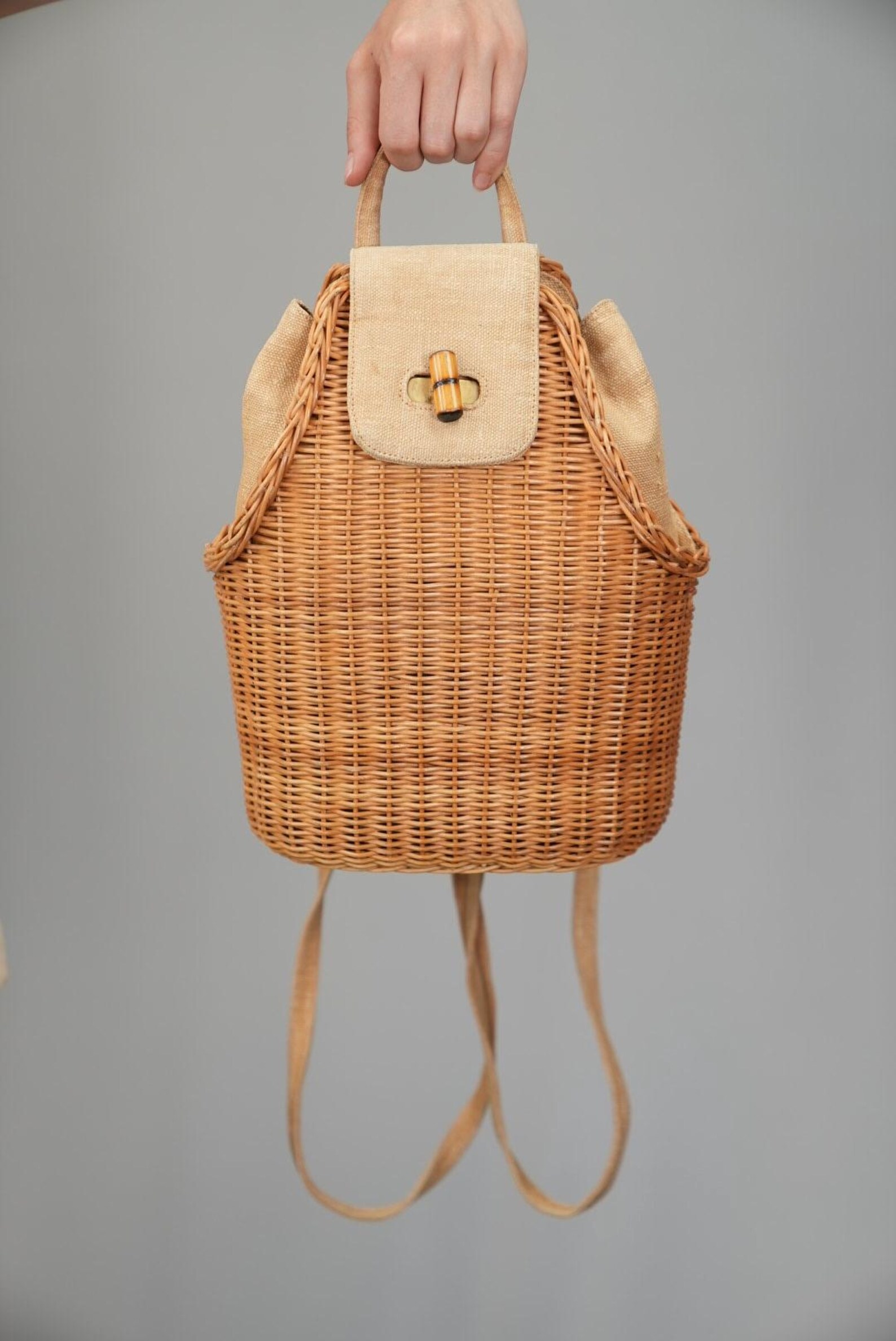 70s Italian Woven Rattan Backpack With Linen Flap Closure | Vintage ...