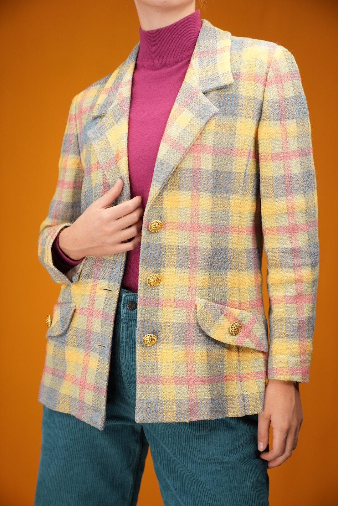 VINTAGE Plaid Blazer in Pastel Colors With Golden Statement Buttons ...