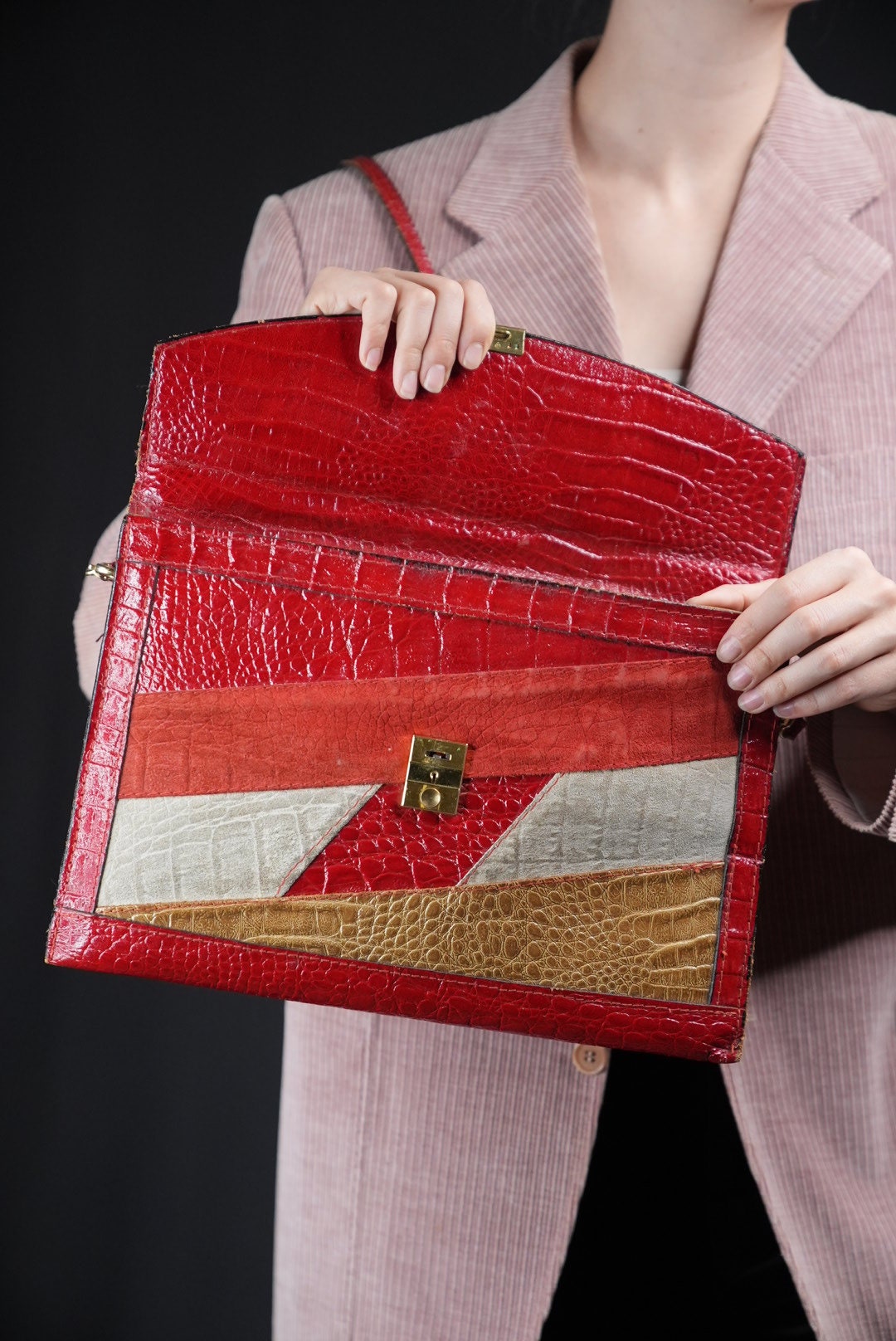 Vintage Briefcase Bag Red Leather Patchwork - Etsy