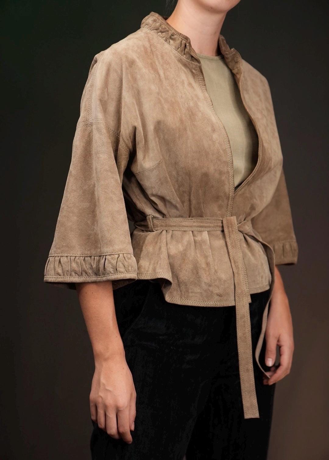 Flowy Suede Leather Jacket With Waistband and Ruffled Details | Size M ...