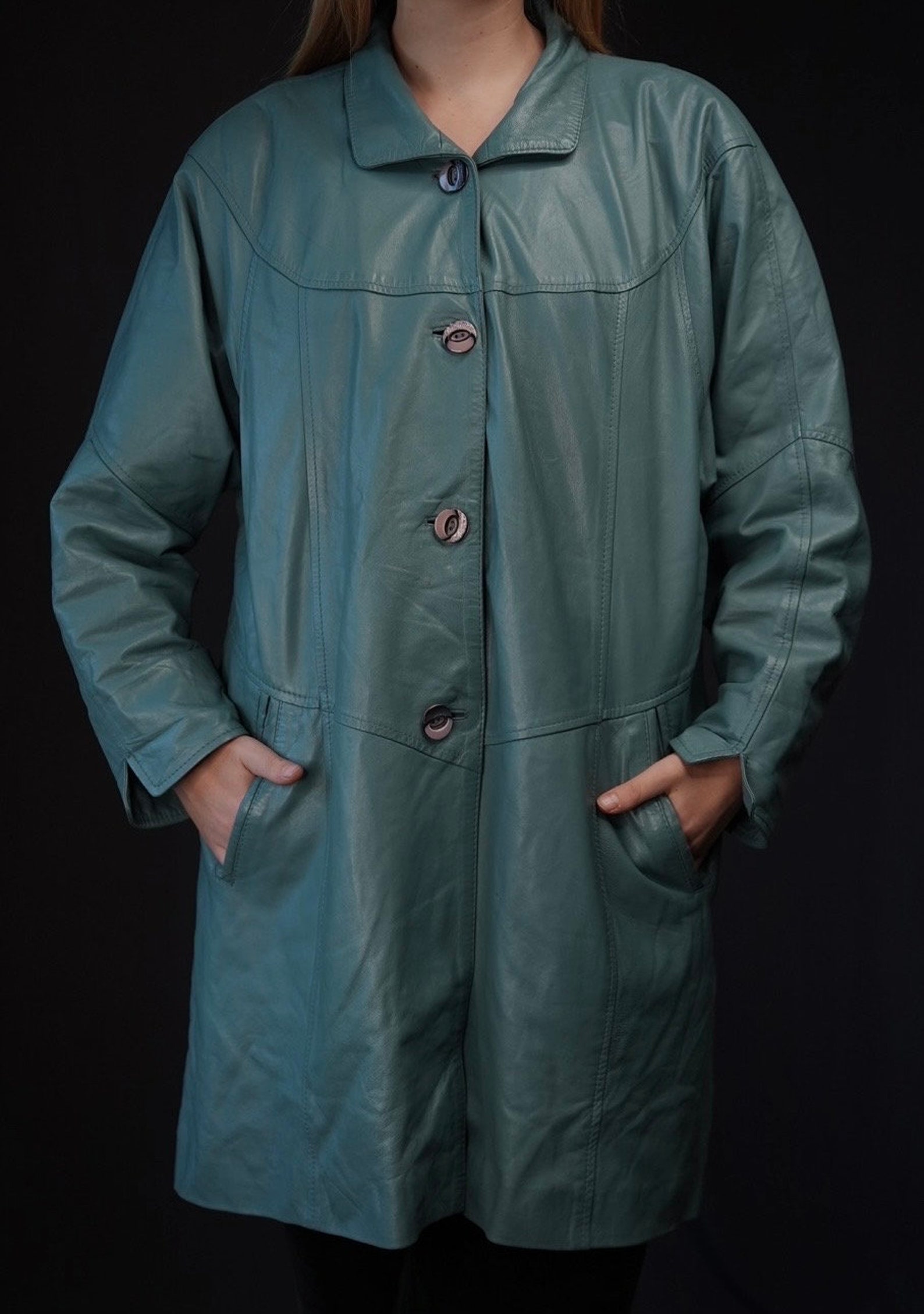 Vintage Bell-shaped Leather Coat in Turquoise Blue - Etsy