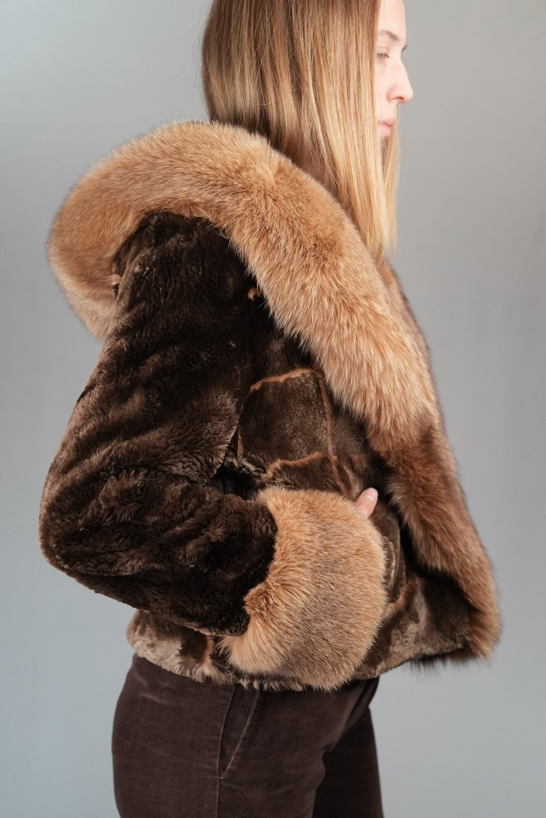 Nutria Fur Coat Sheared With Hood and Fox Fur Trim | Small Size Women's ...