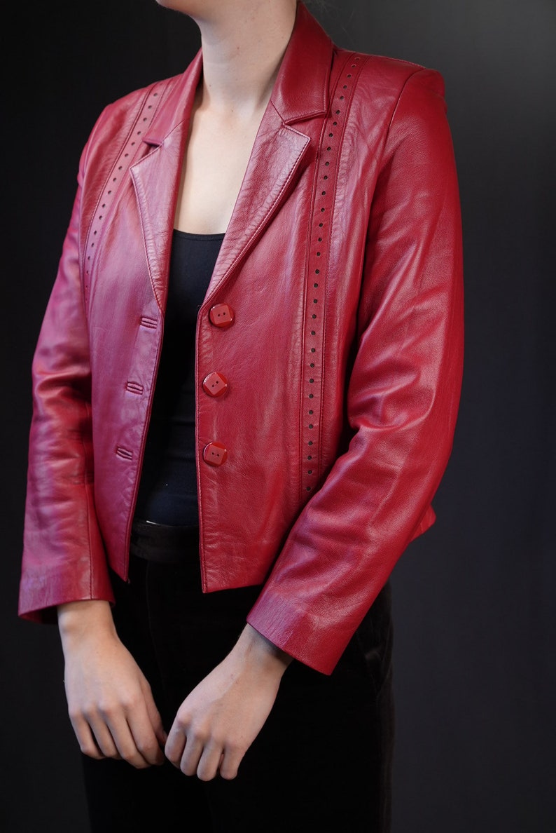 Cropped Red Vintage Leather Jacket 90s Vintage Leather Blazer Women's - Etsy