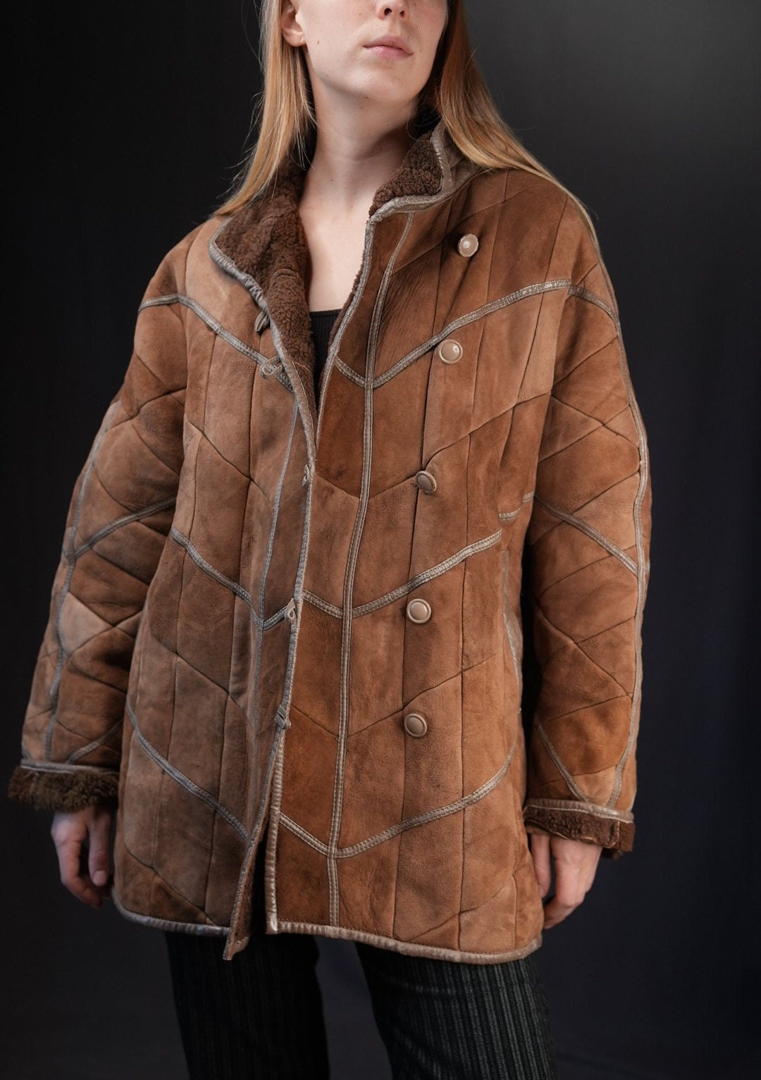 Vintage Patchwork Shearling Coat Sheep Leather Coat Women's Made in ...