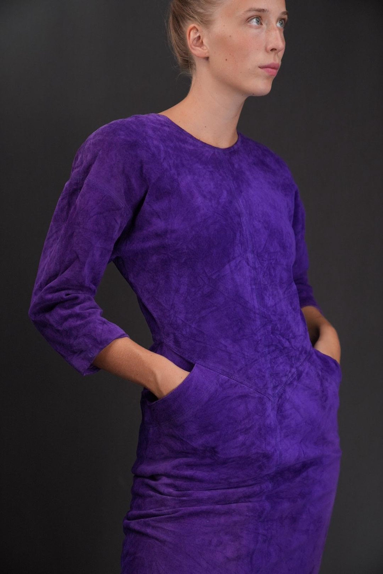 Purple Suede Leather Dress, Vintage Women's Leather Dress With Pockets ...
