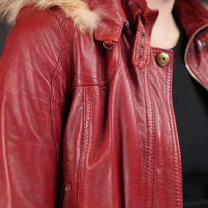 Cherry Red Cropped Leather Jacket With Hood and Fur Trim | Vintage ...