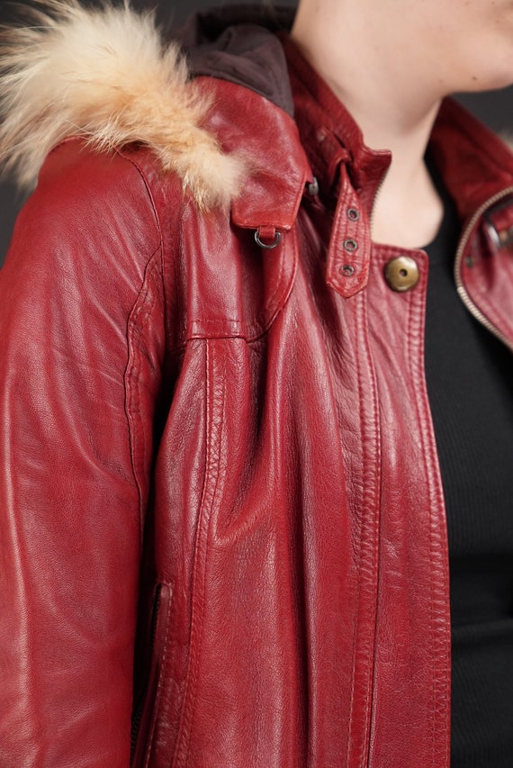 Cherry Red Cropped Leather Jacket with Hood and Fur T… - Gem