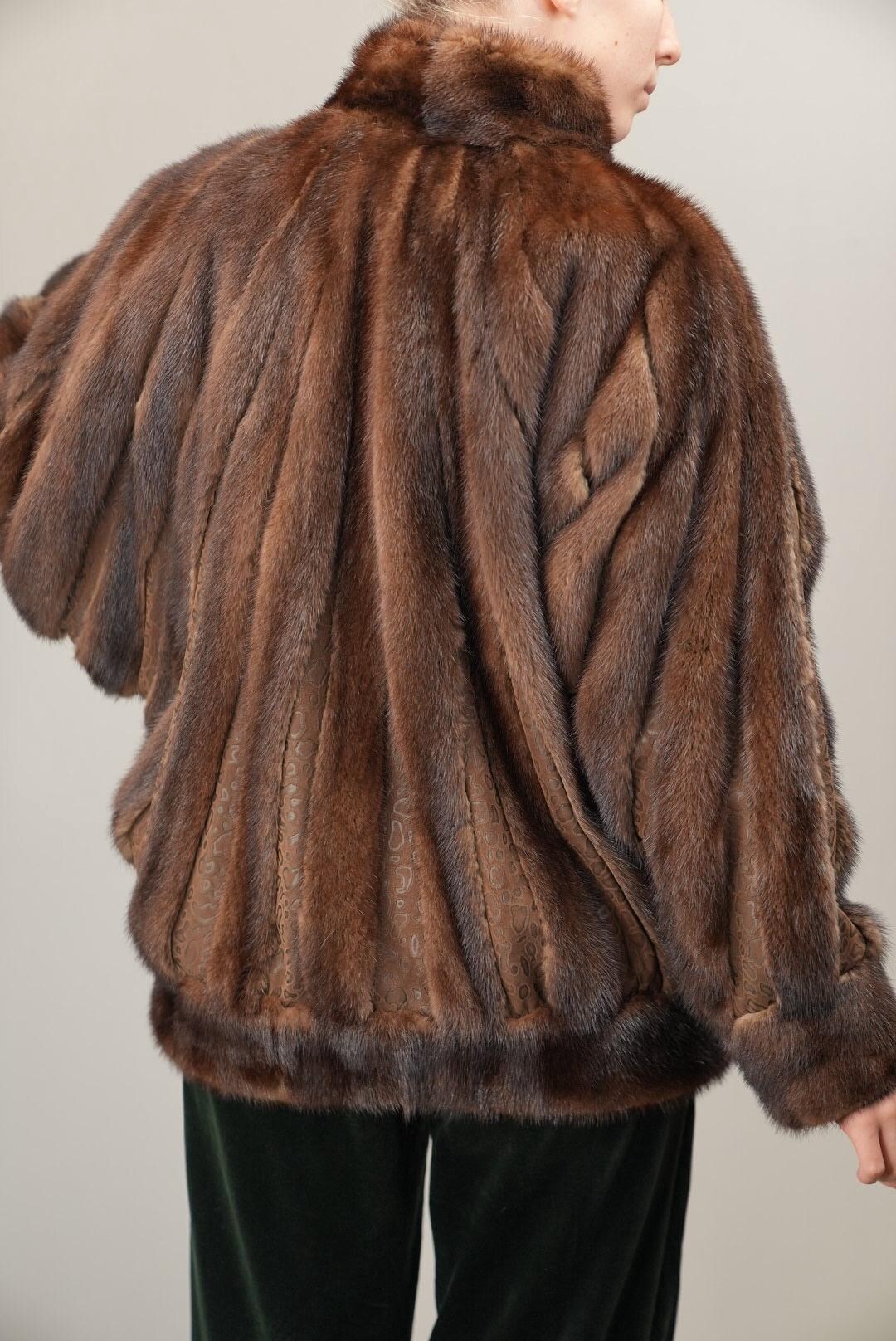 Batwing Sleeved Beaver Fur Coat With Embossed Leather Strips | Vintage ...