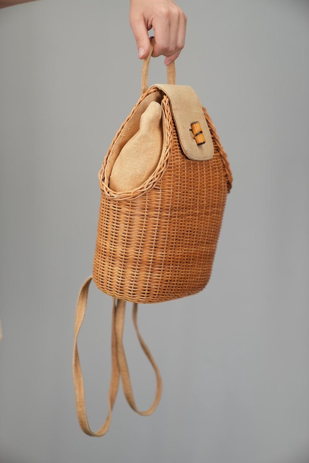 70s Italian Woven Rattan Backpack With Linen Flap Closure | Vintage ...