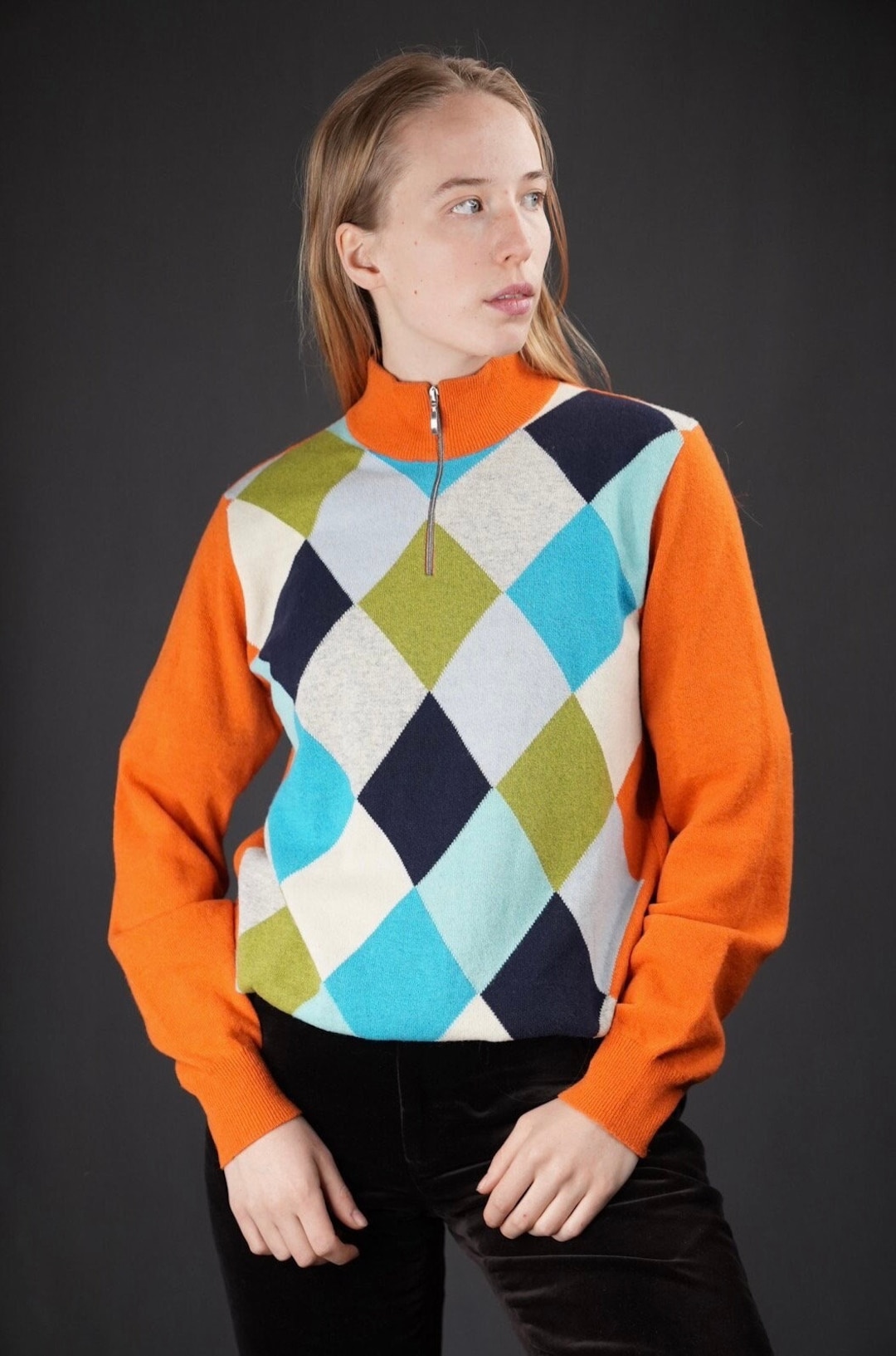 Colorful Italian Vintage Wool Sweater With Diamond Pattern and Zipper ...