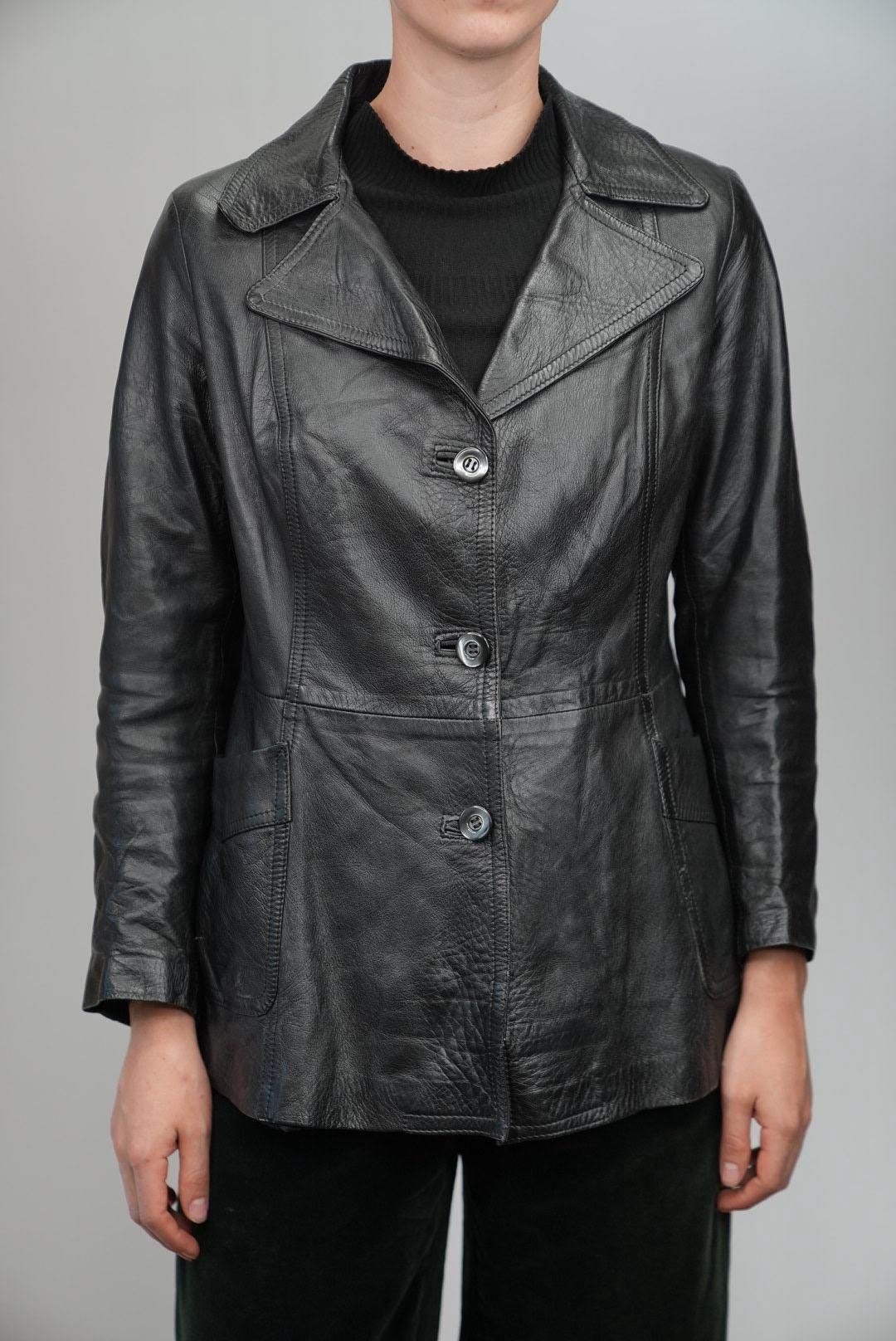 70s Leather Jacket in Black | Classic Wide Lapel Design | Women's Size ...