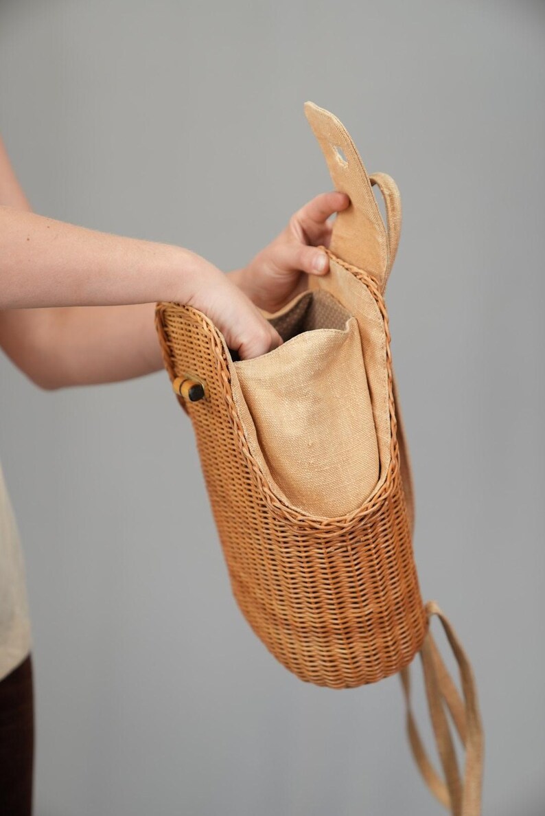 70s Italian Woven Rattan Backpack With Linen Flap Closure | Vintage ...