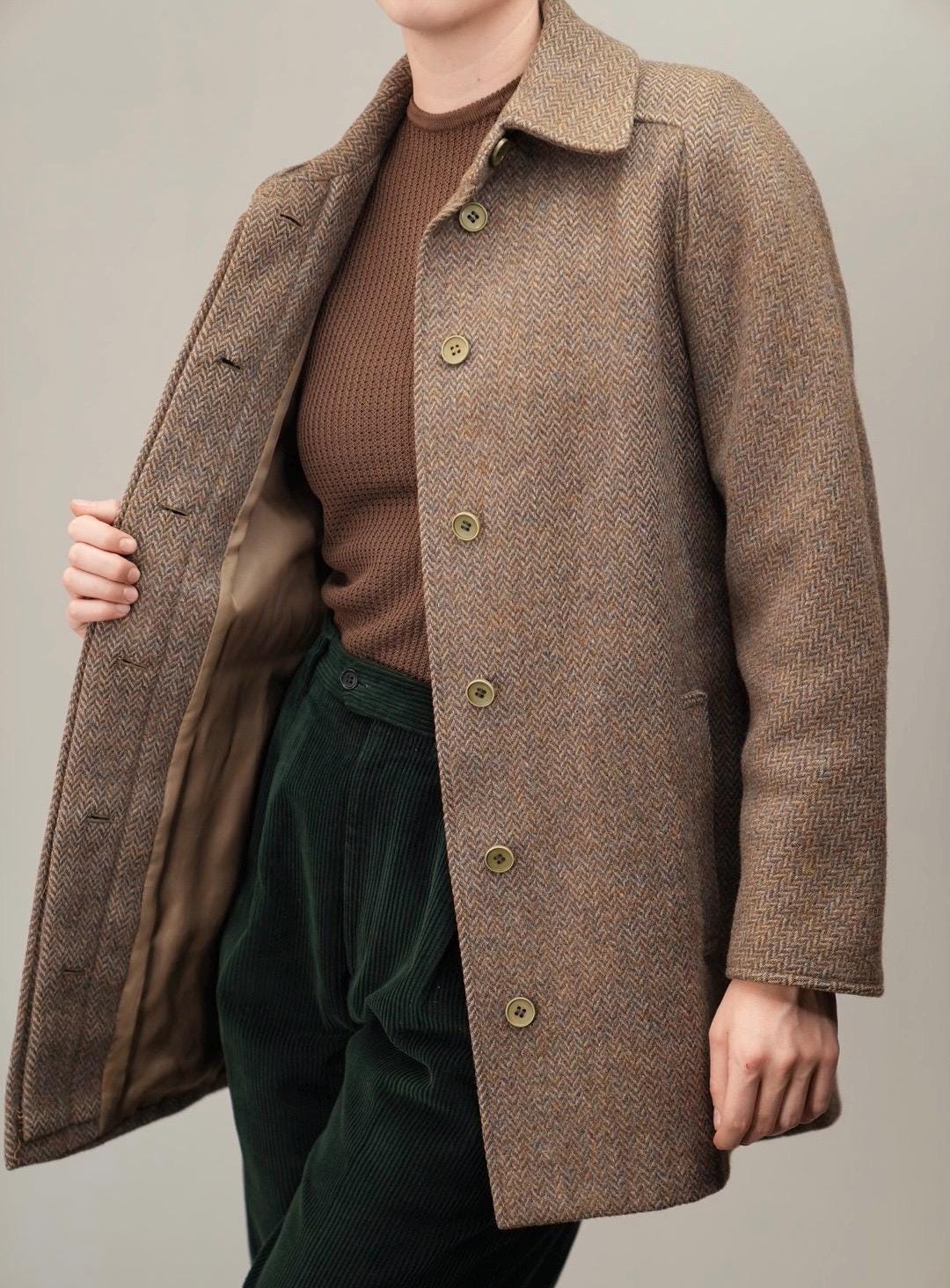 Sleek Tweed Wool Coat in Light Taupe Brown With Hints of Blue ...