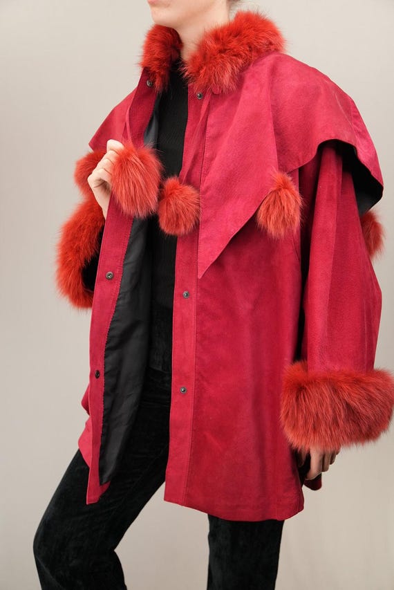 French Red Velvet Suede Cape with Dyed Fur details | … - Gem