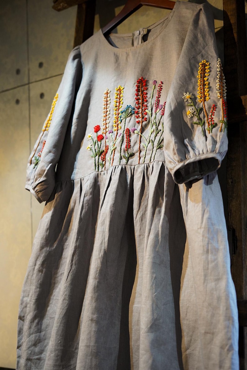Hand Embroidered Linen Maxi Dress: Natural Flax Summer Dress With ...