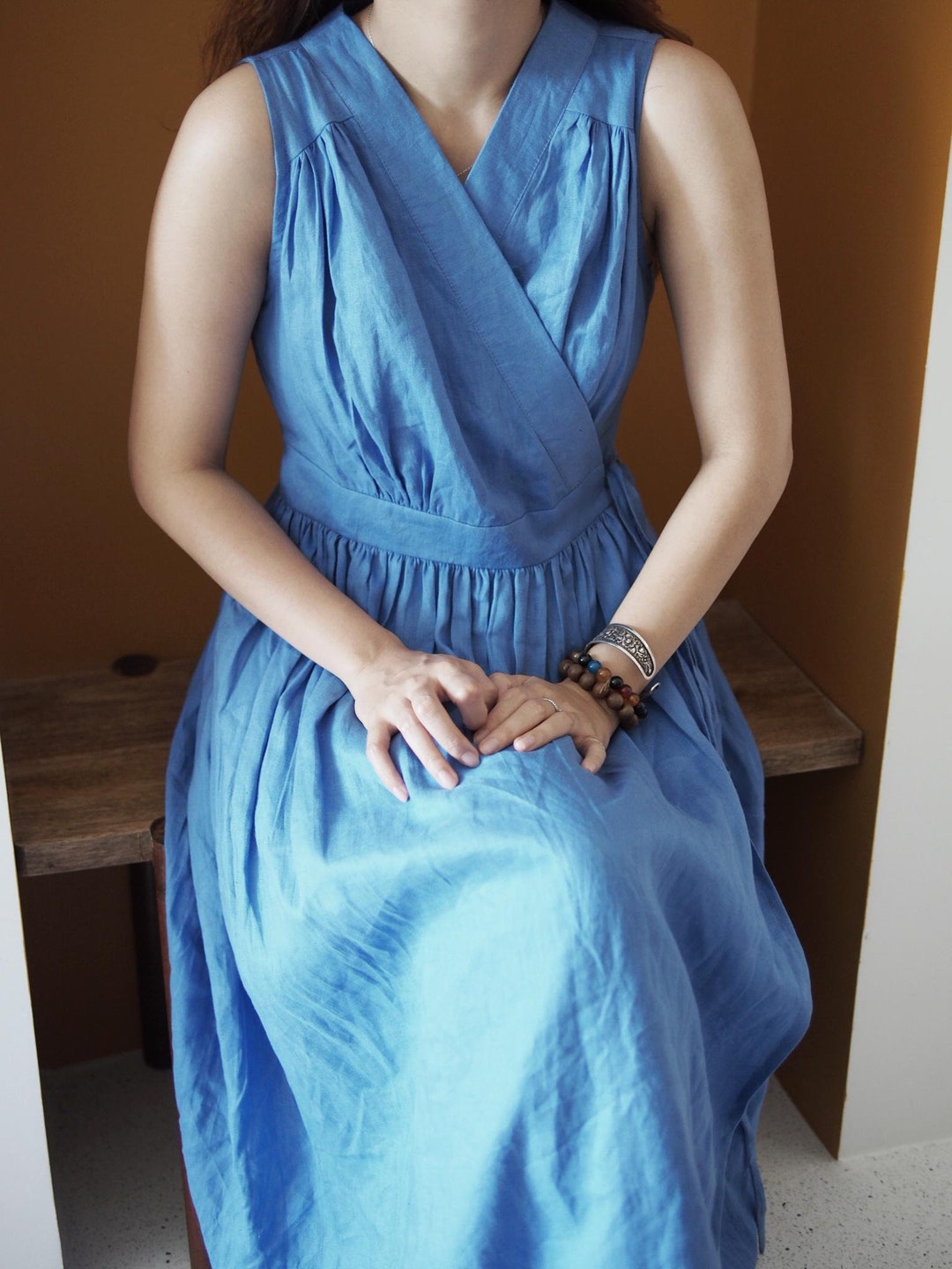 Long Linen Wrap Dress, Sleeveless Maxi Dress,linen Swing Dress, Wrap ...