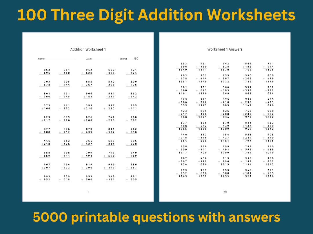 Three Digit Addition Worksheets: 100 Printable Pages With Answers ...