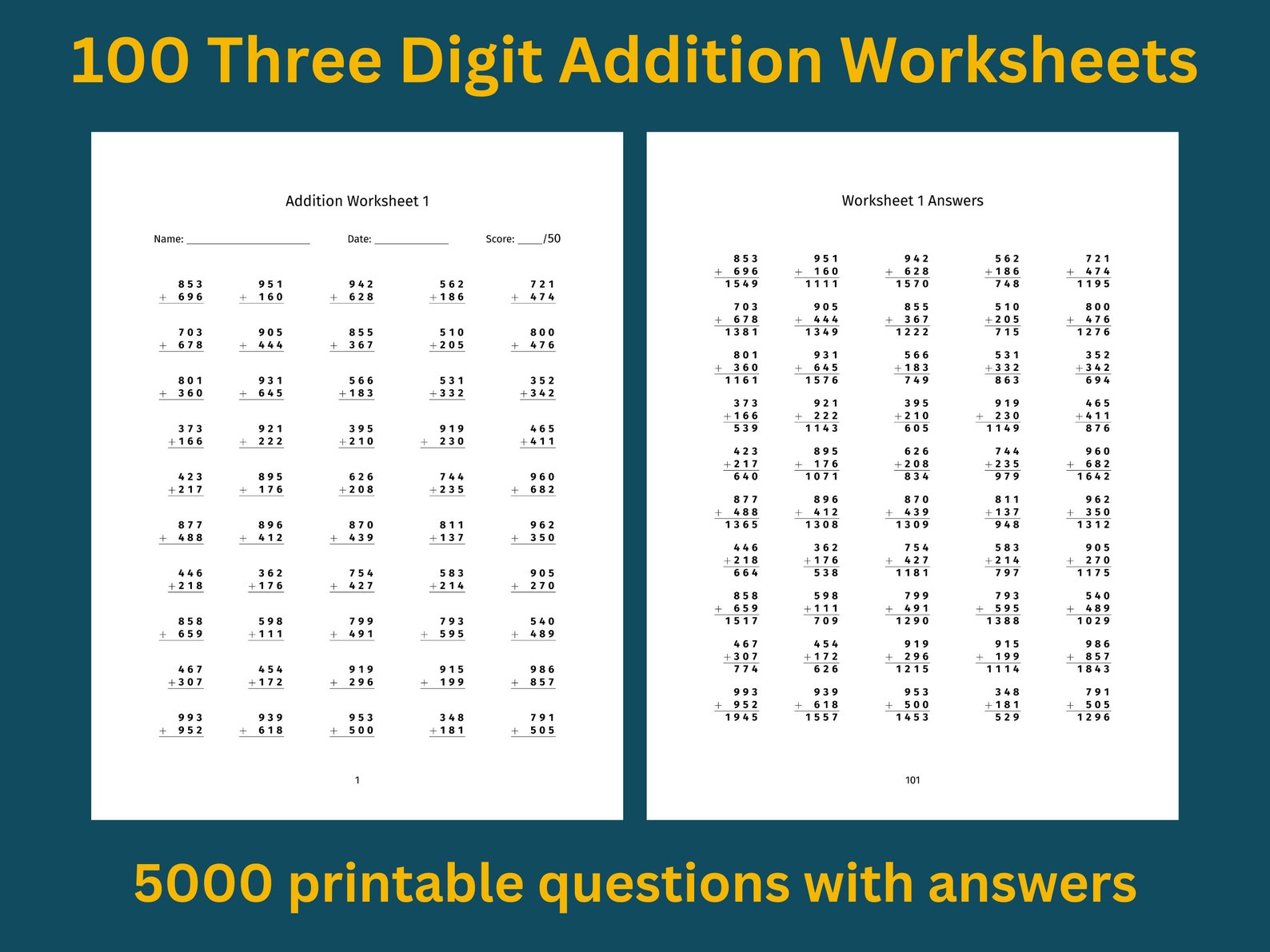 Three Digit Addition Worksheets: 100 Printable Pages With Answers ...