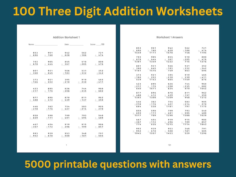 Three Digit Addition Worksheets: 100 Printable Pages With Answers ...