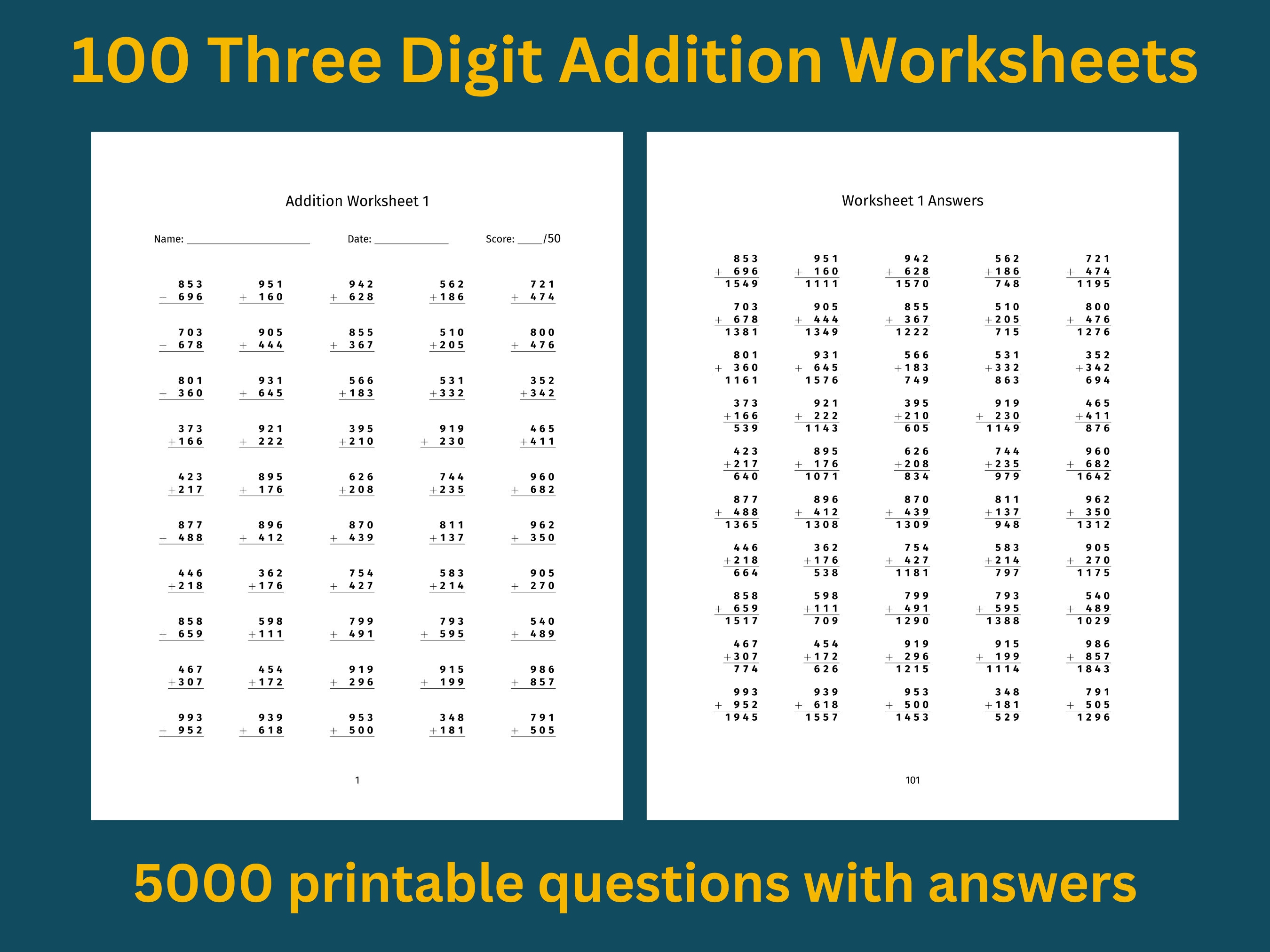 Three Digit Addition Worksheets: 100 Printable Pages With Answers ...