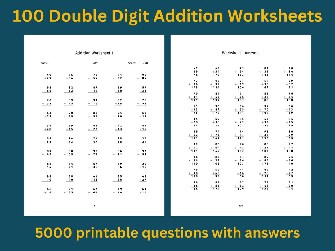 Double Digit Addition Worksheets: 100 Printable Pages With Answers - Etsy