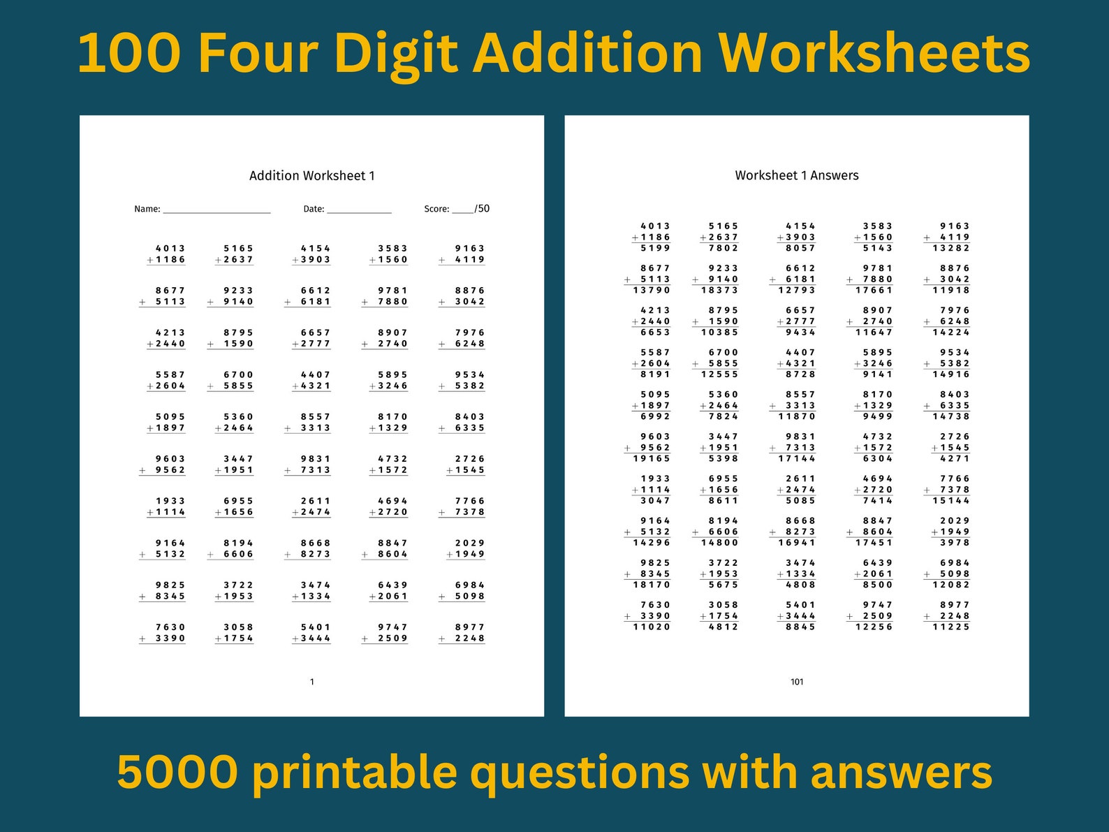 Four Digit Addition Worksheets: 100 Printable Pages With Answers ...