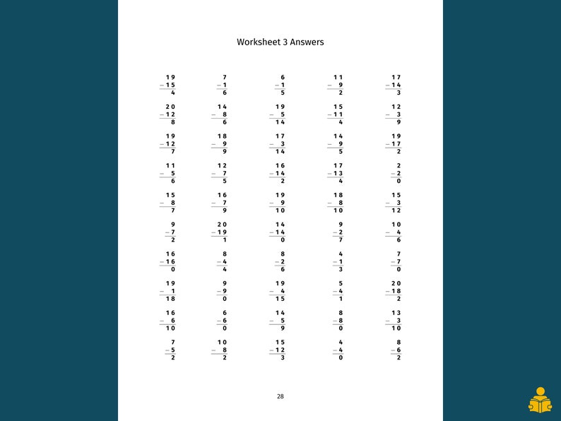 Subtraction Worksheet, Digits up to 20: 25 Printable Pages With Answers ...