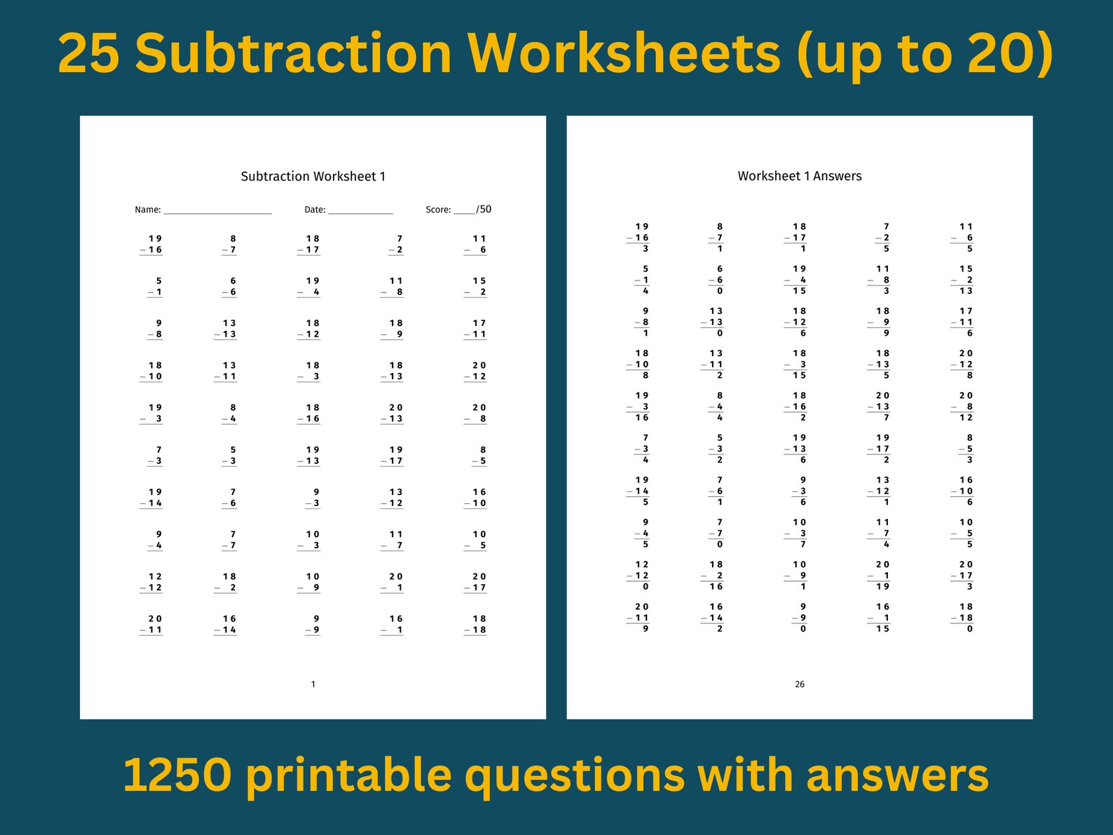 Subtraction Worksheet, Digits up to 20: 25 Printable Pages With Answers ...