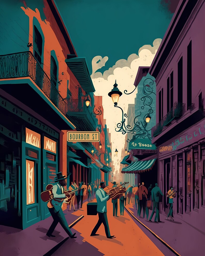 New Orleans Bourbon Street Illustration Wall Art NOLA Jazz PRINTABLE ...