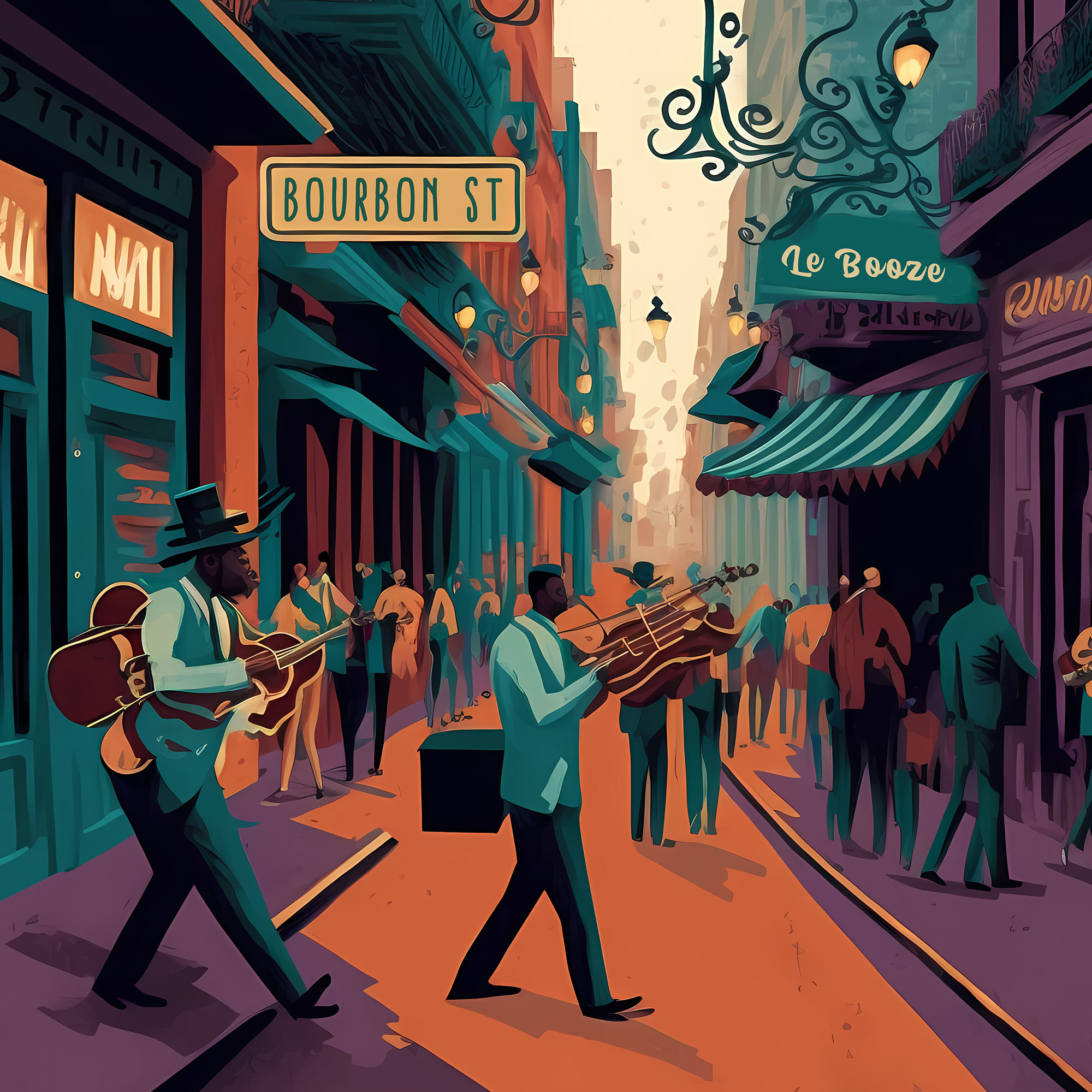 New Orleans Bourbon Street Illustration Wall Art NOLA Jazz PRINTABLE ...