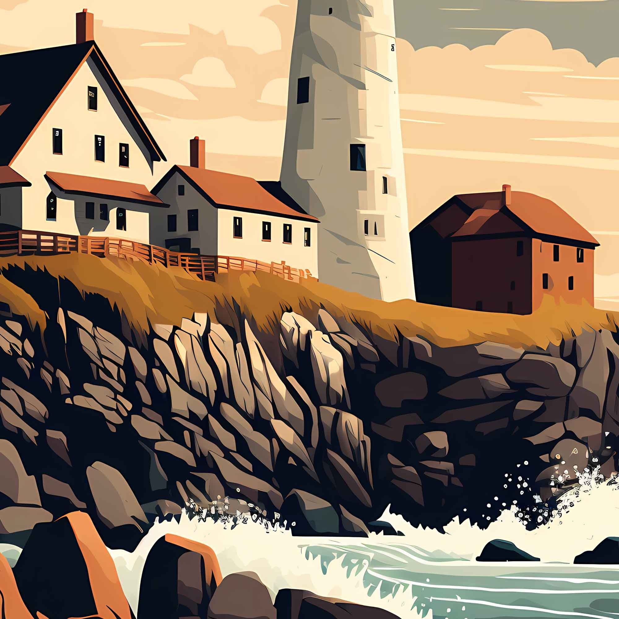 Maine Portland Lighthouse by the Sea Birds Illustration Wall Art ...